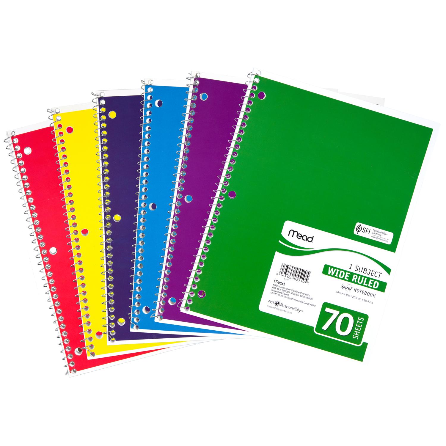 12 Pack Mead Spiral Notebook 1 Subject 70 Count Wide Ruled Assorted