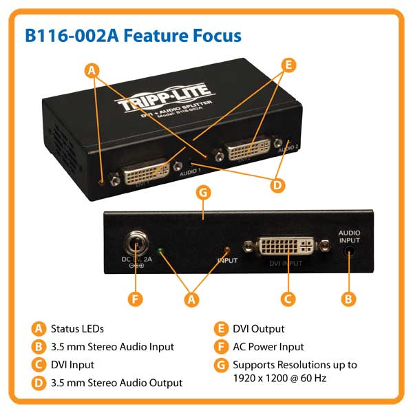 Tripp Lite 2-Port DVI Splitter with Audio and Signal Booster, Single ...